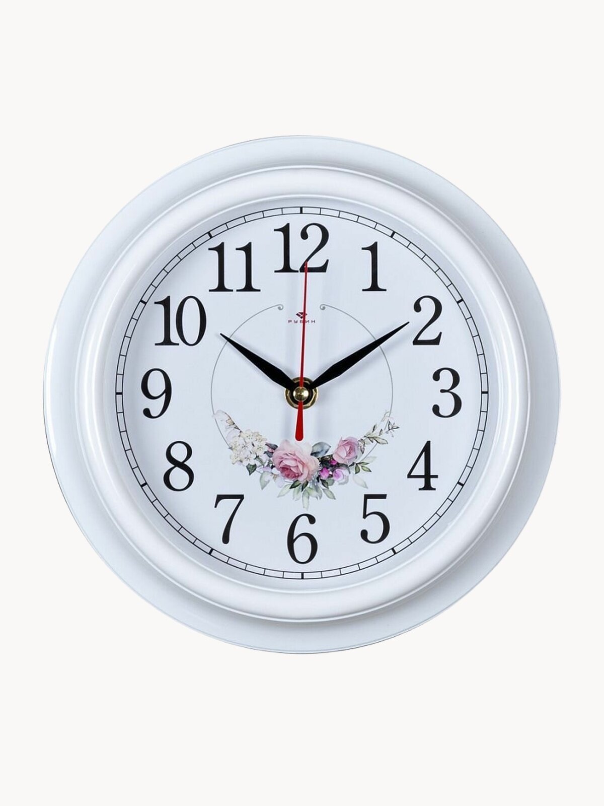 Классические настенные часы Рубин бесшумные, d 21 см с нежным цветочным узором на циферблате