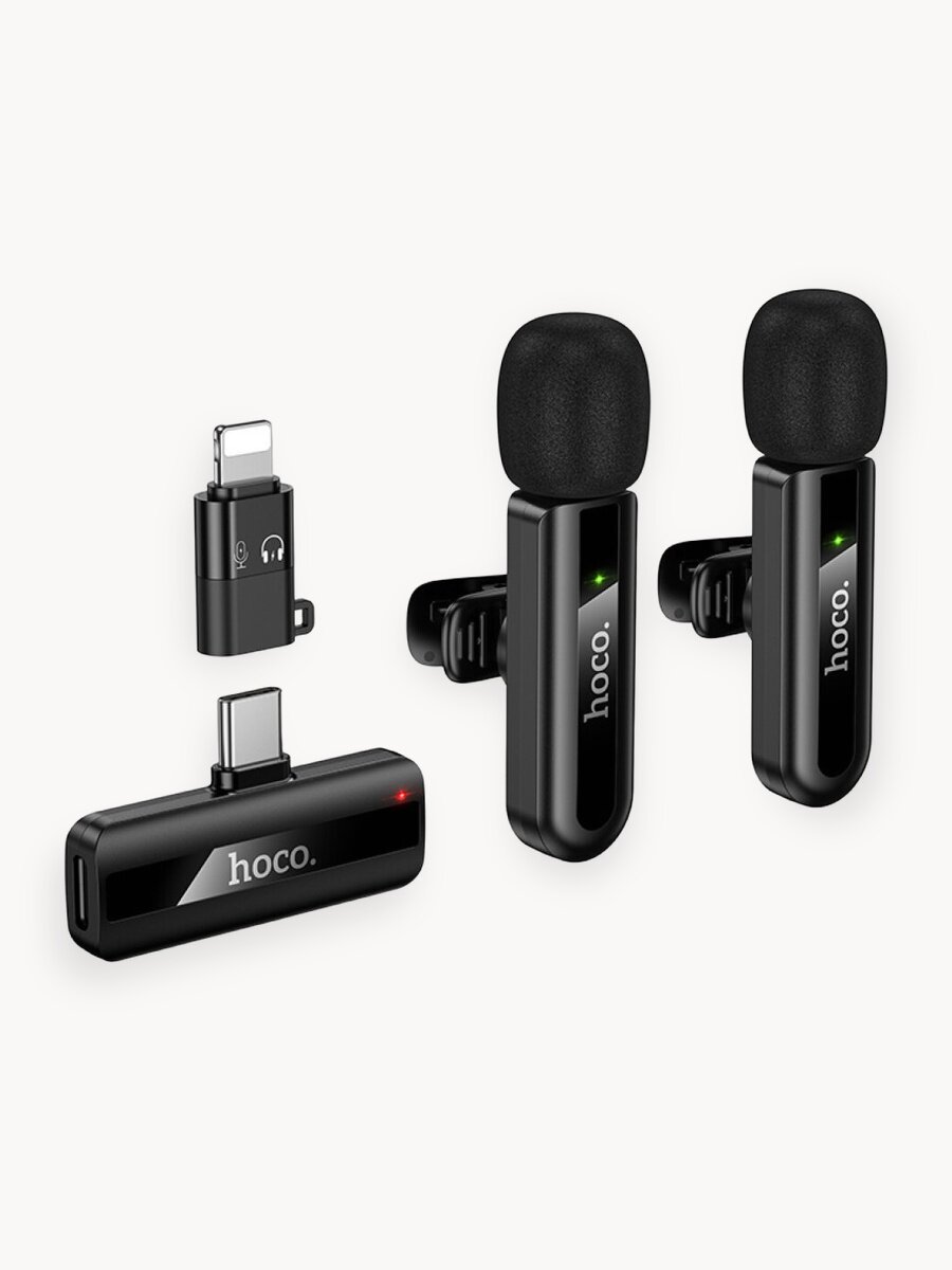 Беспроводной микрофон (2 шт) с приемником для Type-C и Lightning, L20A, HOCO, черный