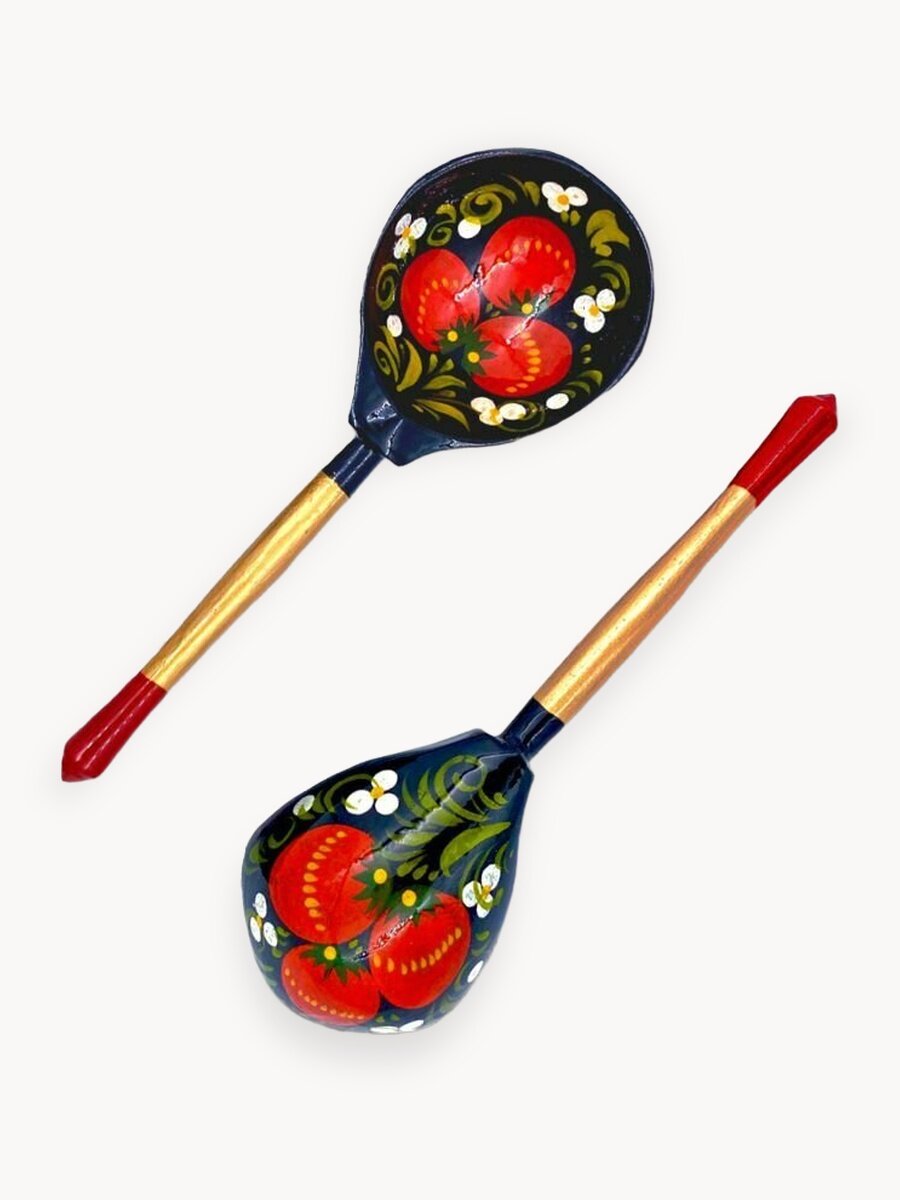 Ложки деревянные музыкальные, столовые, народные музыкальные инструменты, ручная авторская роспись, черно-красные, 2 шт.