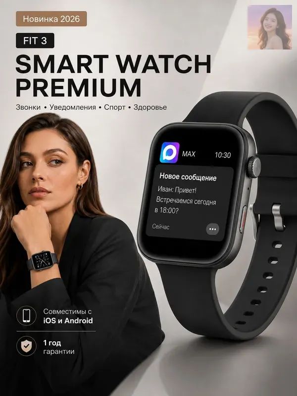 Смарт-часы FIT 3 2026, умные часы с звонками и уведомлениями, Bluetooth 5.3, экран 1.8", пульс, сон, шаги, спорт, для Android и iOS, черные