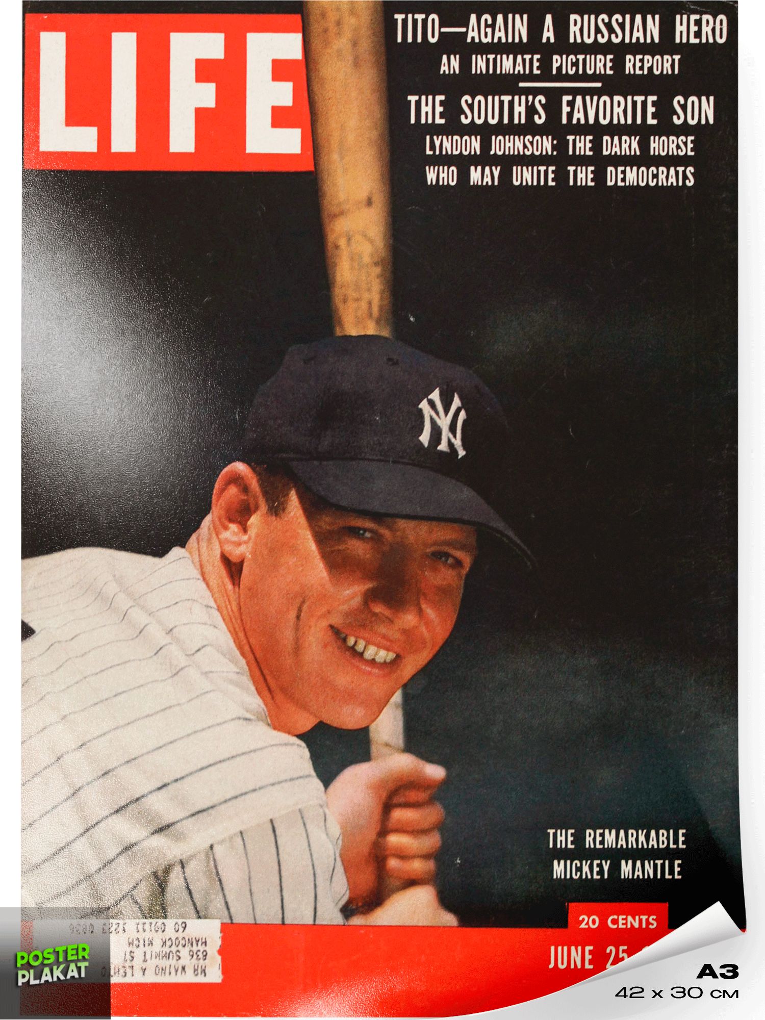Постер LIFE, Микки Мэнтл (Mickey Mantle), бейсболист New York Yankees, винтажный плакат на стену для интерьера, для дома и офиса, А3 (420х297 мм), ПП