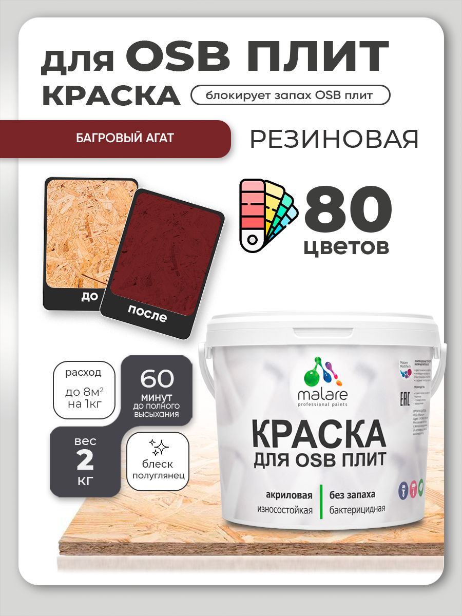Резиновая краска для ОСБ плит Malare акриловая краска для дерева для наружных и внутренних работ, быстросохнущая без запаха полуглянцевая, багровый агат, 2 кг