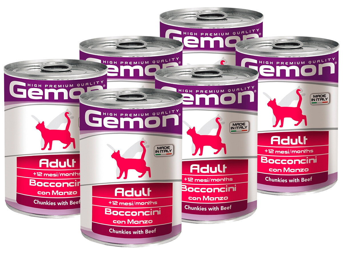 Корм влажный Gemon Cat Adult для взрослых кошек, говядина куссочки, банка, 415 г х 6 шт