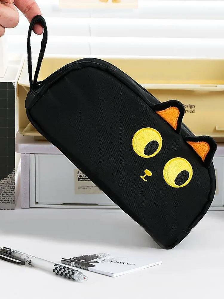 Чехол для карандашей школьный для мальчиков и девочек, органайзер для канцелярии "Черный кот", тип чехла для карандашей: Чехол-косметичка, количество отсеков: 2, заполненность: Нет, тип: Чехол для карандашей, особенности: Кошелек, форма: Прямоугольная,