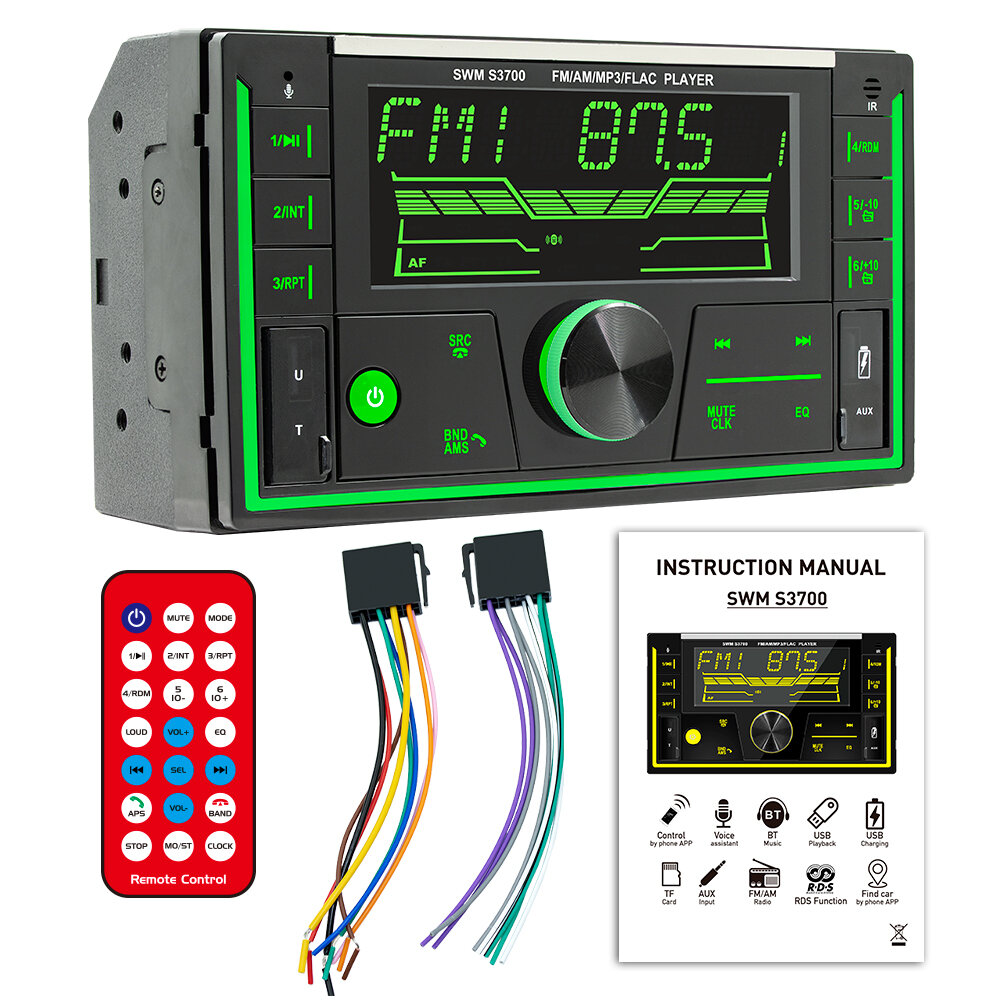 Многофункциональный автомобильный BT MP3 плеер Устройство для воспроизведения аудио сом автомобиля Двойной USB автомобильный музыкальный плеер Автоматический голосовый помощник MP3 плеер Радиоприемник FM 87.5-108.0MHz AM 522-1620KHz Мощность выхода 4*60W