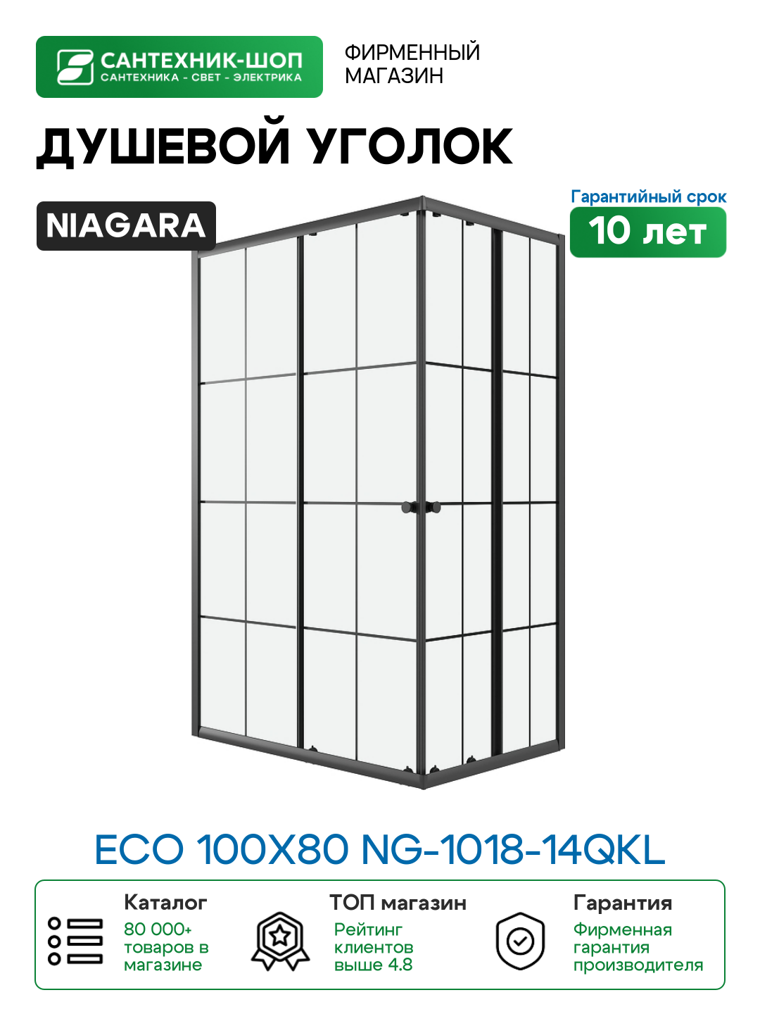Душевой уголок Niagara Eco 100х80 NG-1018-14QKL профиль цвет Черный матовый стекло прозрачное