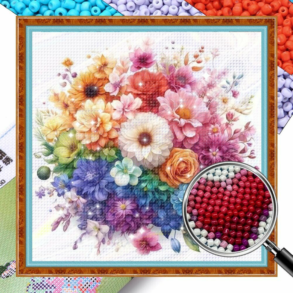 Набор для вышивки бисером Цветы, 11CT, ткань с разметкой, 36x36 см