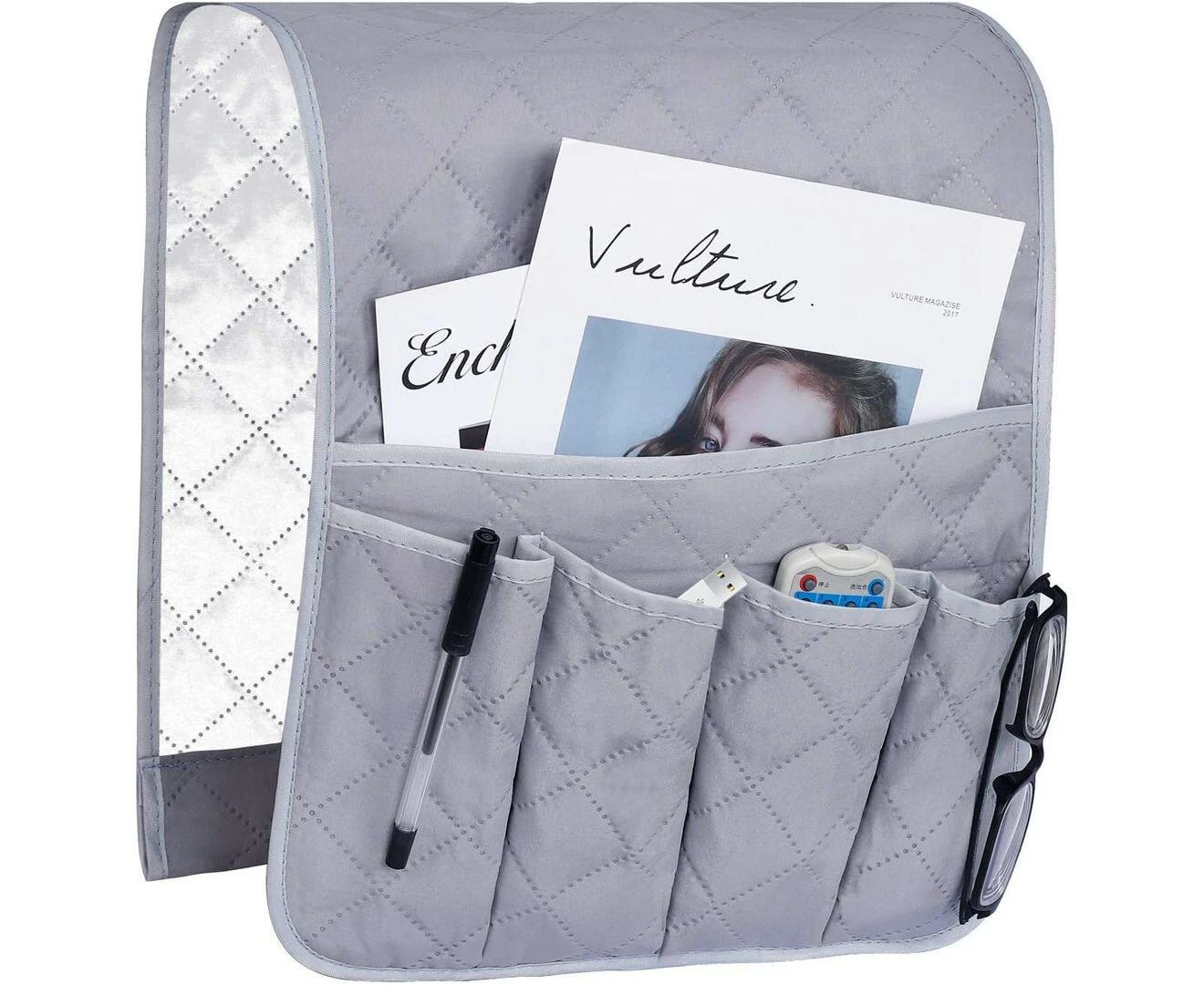 Органайзер для подлокотника дивана, подвесной сумка для хранения, ёмкость для экономии места для пульта дистанционного управления, телефона, книг, защитник из нескользящего ткани, чёрно-серый, 5 карманов, размер 88 x 33 см