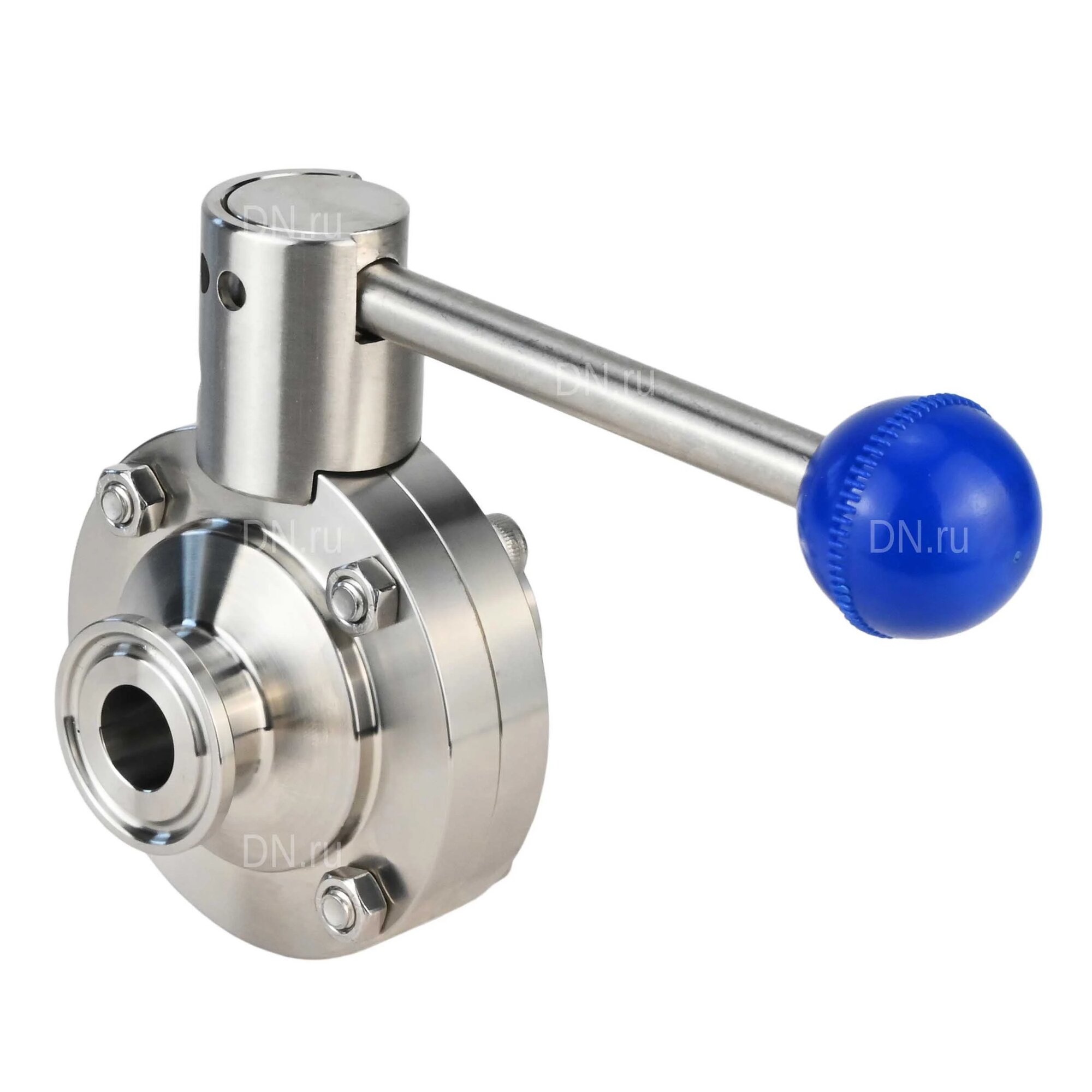 Затвор дисковый поворотный кламповый DN. ru 304-304-EPDM-2W-C-H Ду40 Ру10 корпус - пищевая нержавеющая сталь 304, уплотнение - EPDM, присоединение - кламп (clamp), с рукояткой