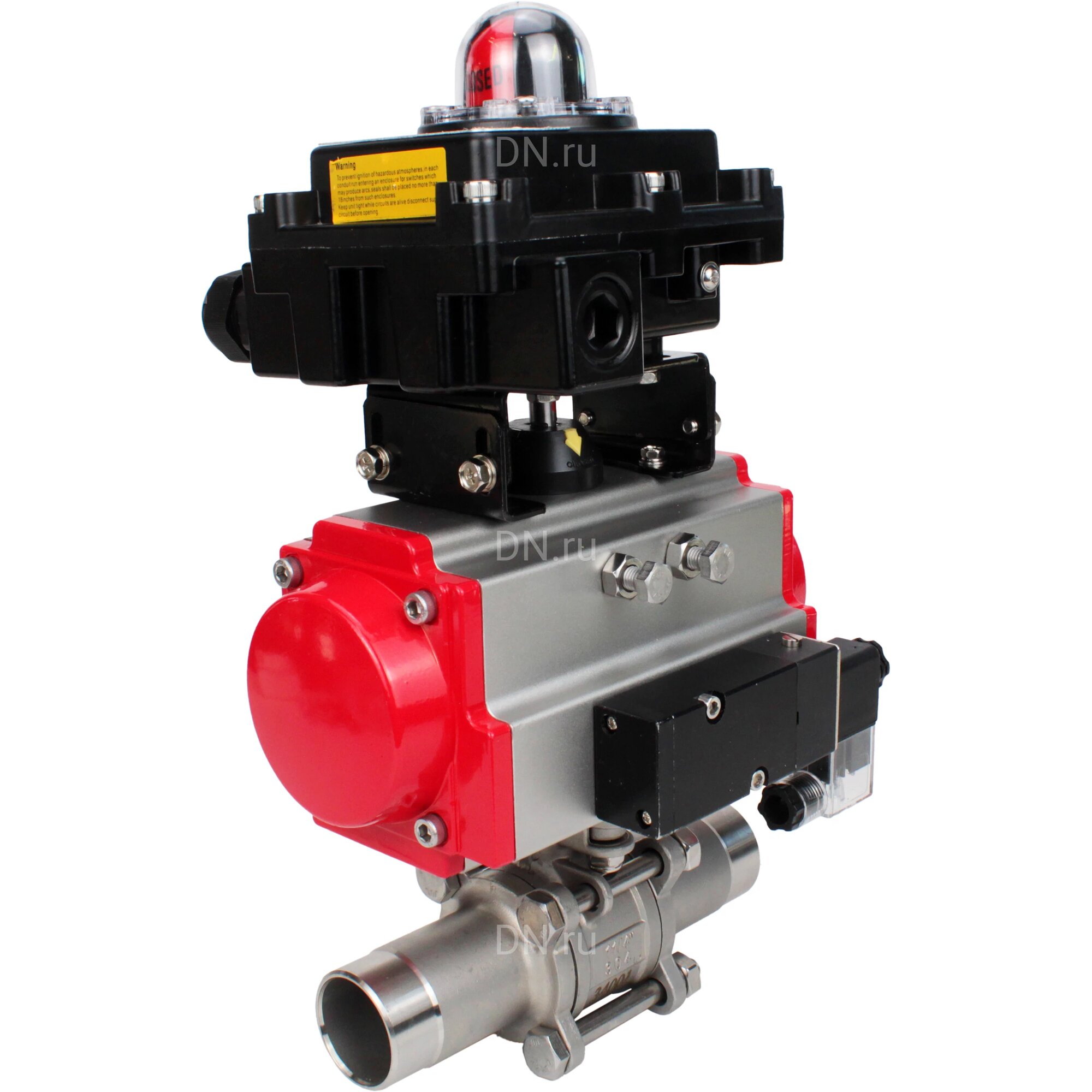 Кран шаровой DN.ru 304-304-PTFE-W-ISO-H Ду15 Ру63 полнопроходной, корпус - нержавеющая сталь 304, уплотнение - PTFE, под приварку, с пневмоприводом DA-052, пневмораспределителем PND2-S1EM-52-1NC-J08-24VDC и БКВ LSB-410-02ExM12-250