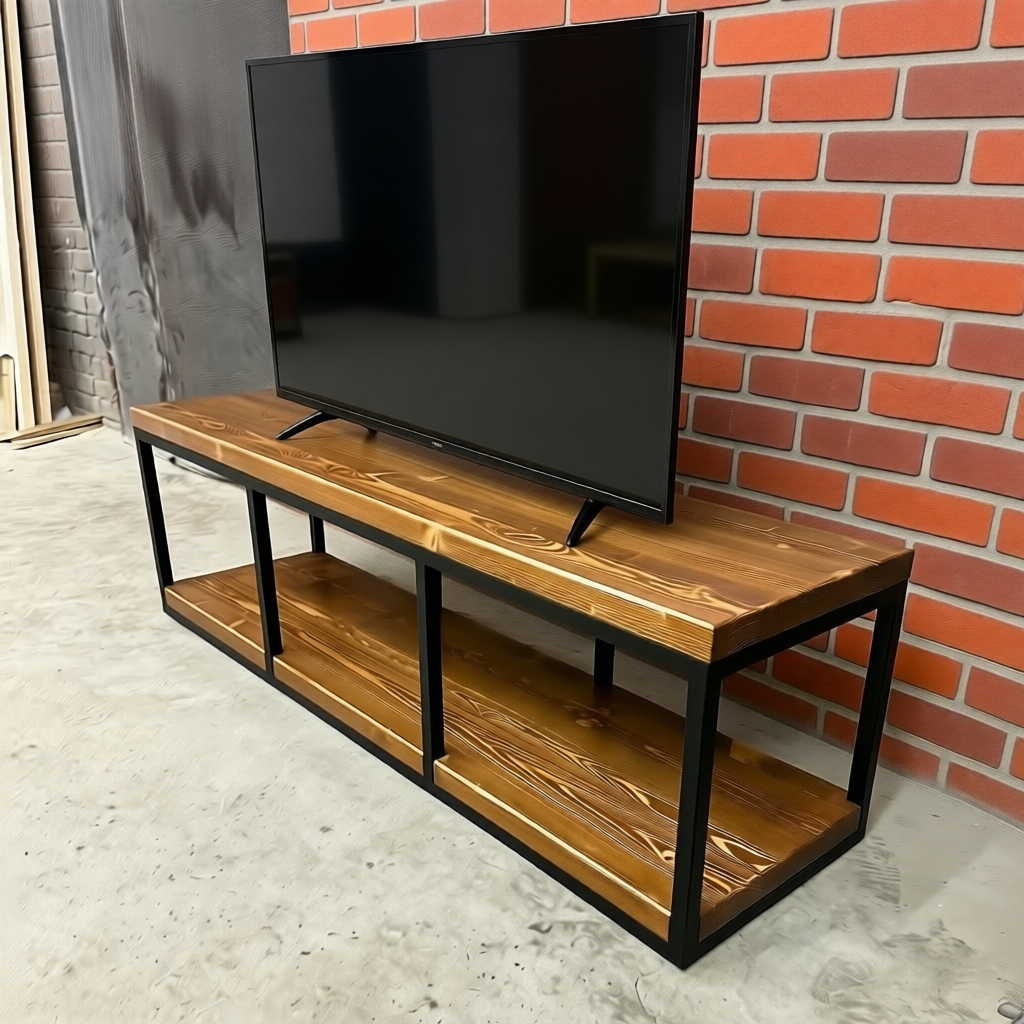 Тумба под ТВ, стиль лофт, 150см, металл, дерево, цвет тёмный орех