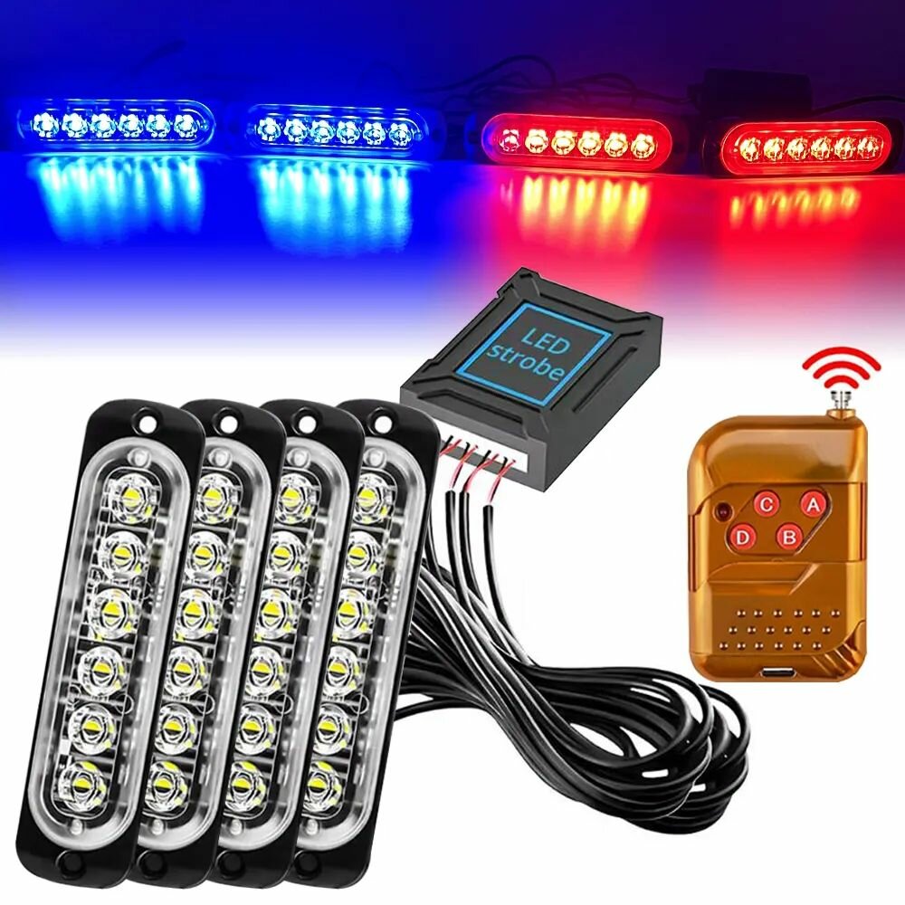 Красный, синий, 6 светодиодных стробоскопов для автомобиля, светодиодные мигалки с беспроводным дистанционным управлением, Подсветка решетки радиатора автомобиля, Сигнальные огни 12 В/24 В