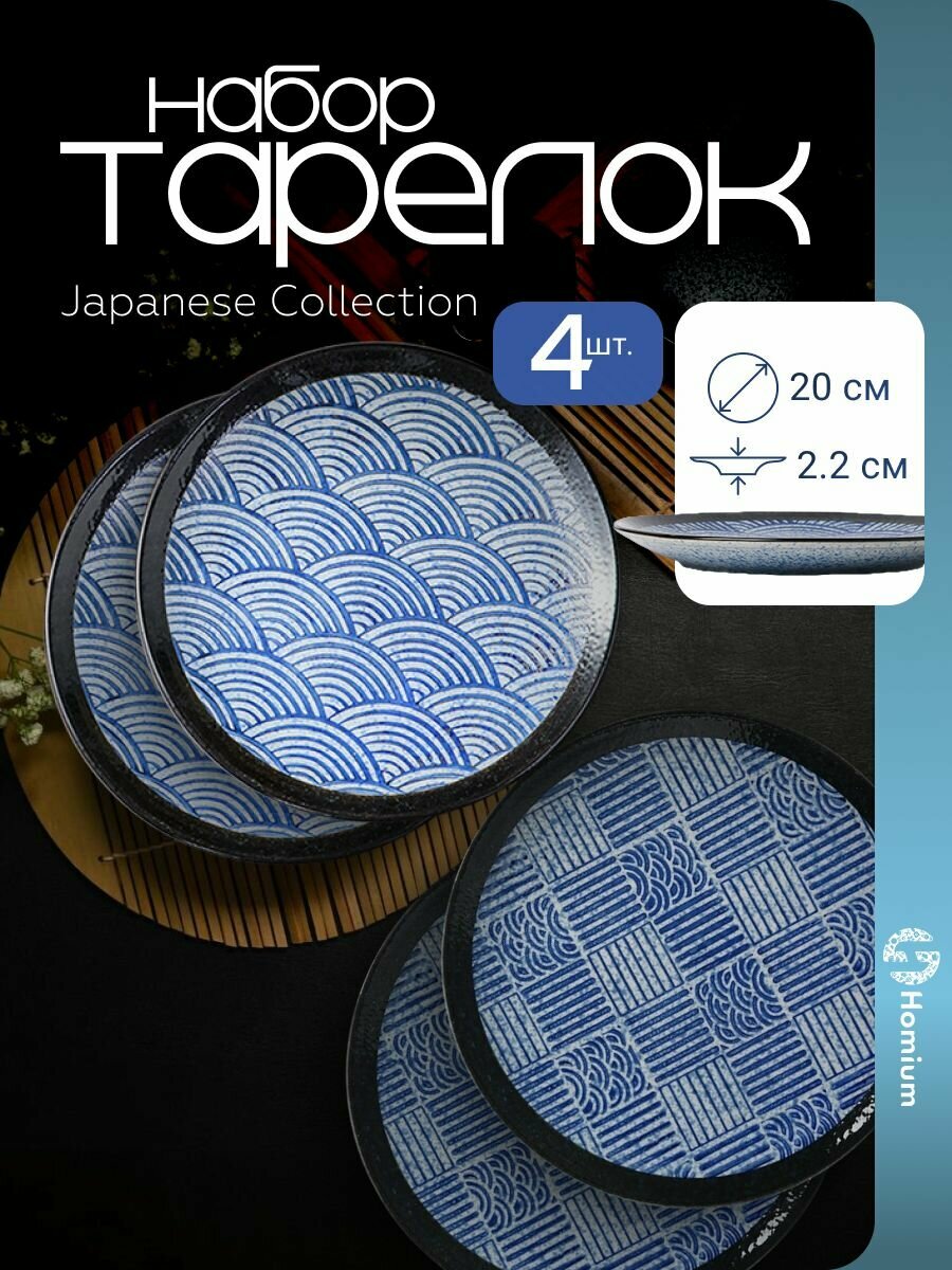 Набор плоских обеденных тарелок для сервировки, набор посуды для кухни Homium Japanese Collection, Top, D20, цвет синий