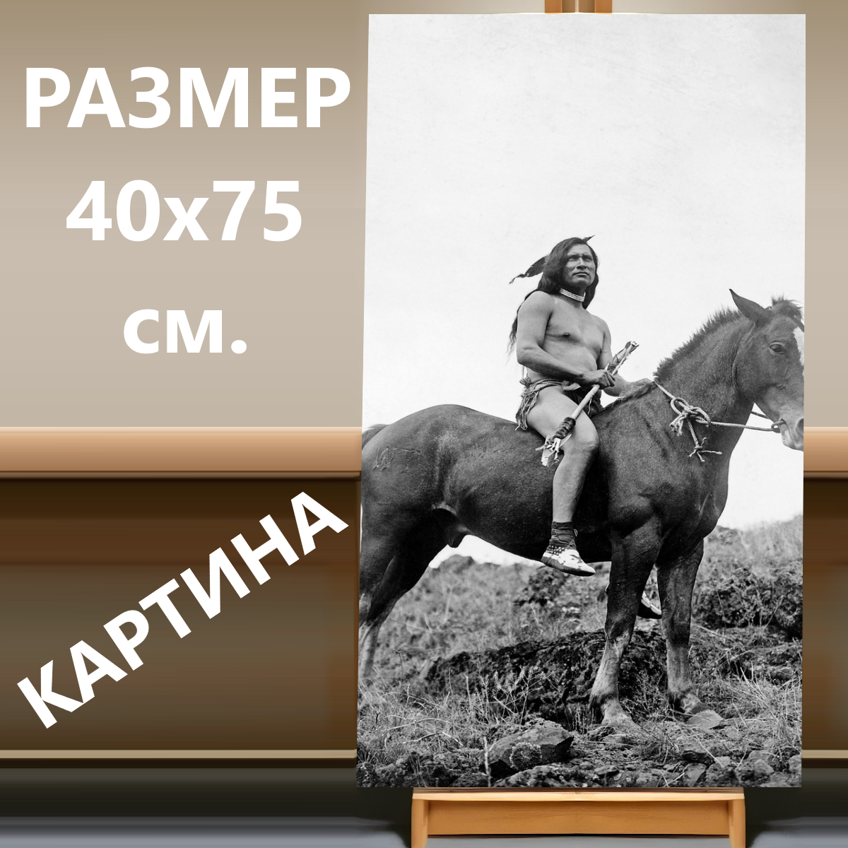 Картина на холсте "Индейцы, воин, конный спорт" на подрамнике 75х40 см. для интерьера