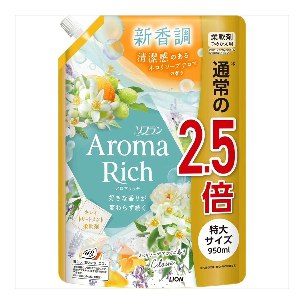 Кондиционер для белья LION Aroma Rich для всех видов тканей, с ароматом нероли, 950 мл, см. уп.