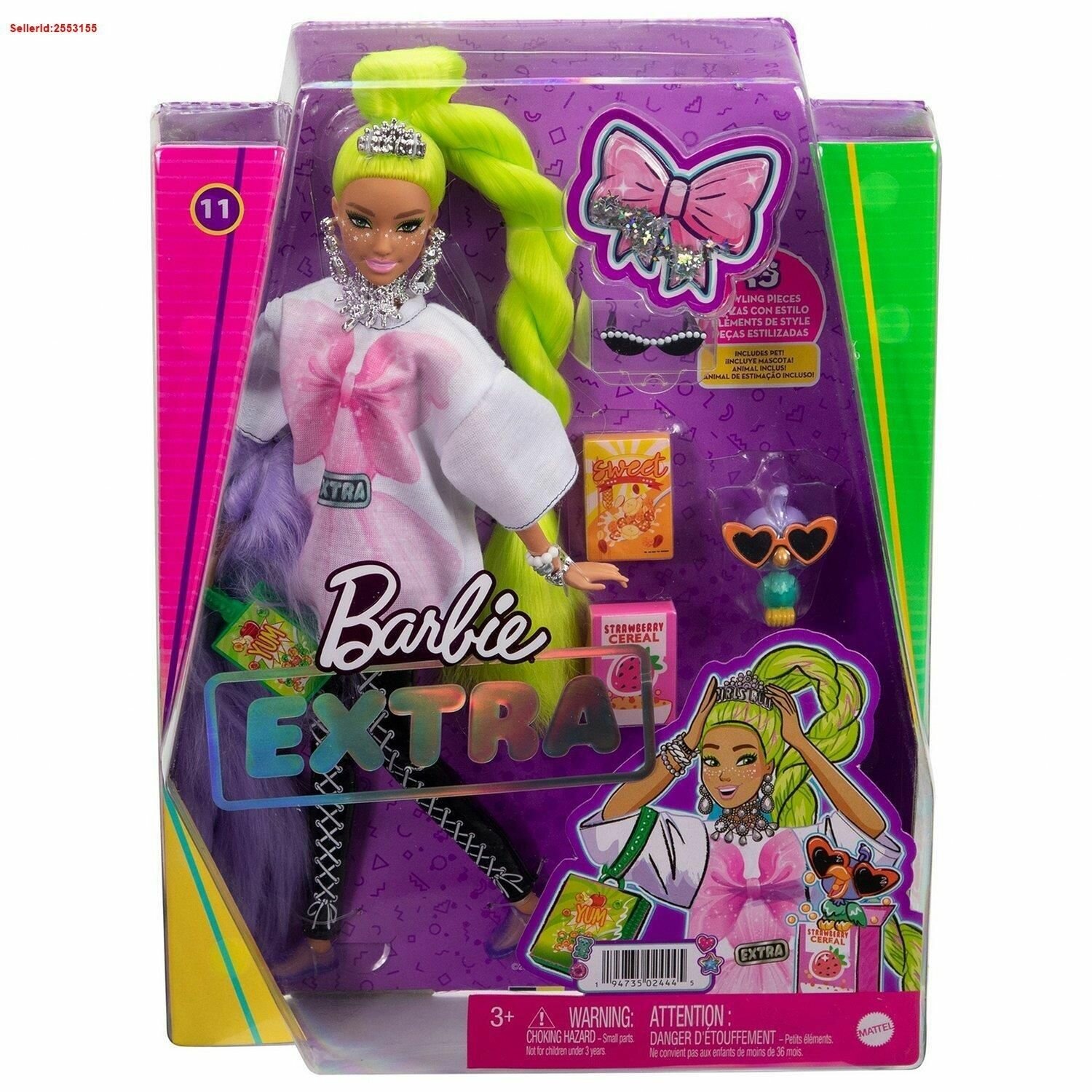 Кукла Barbie HDJ44 Экстра с зелеными неоновыми волосами
