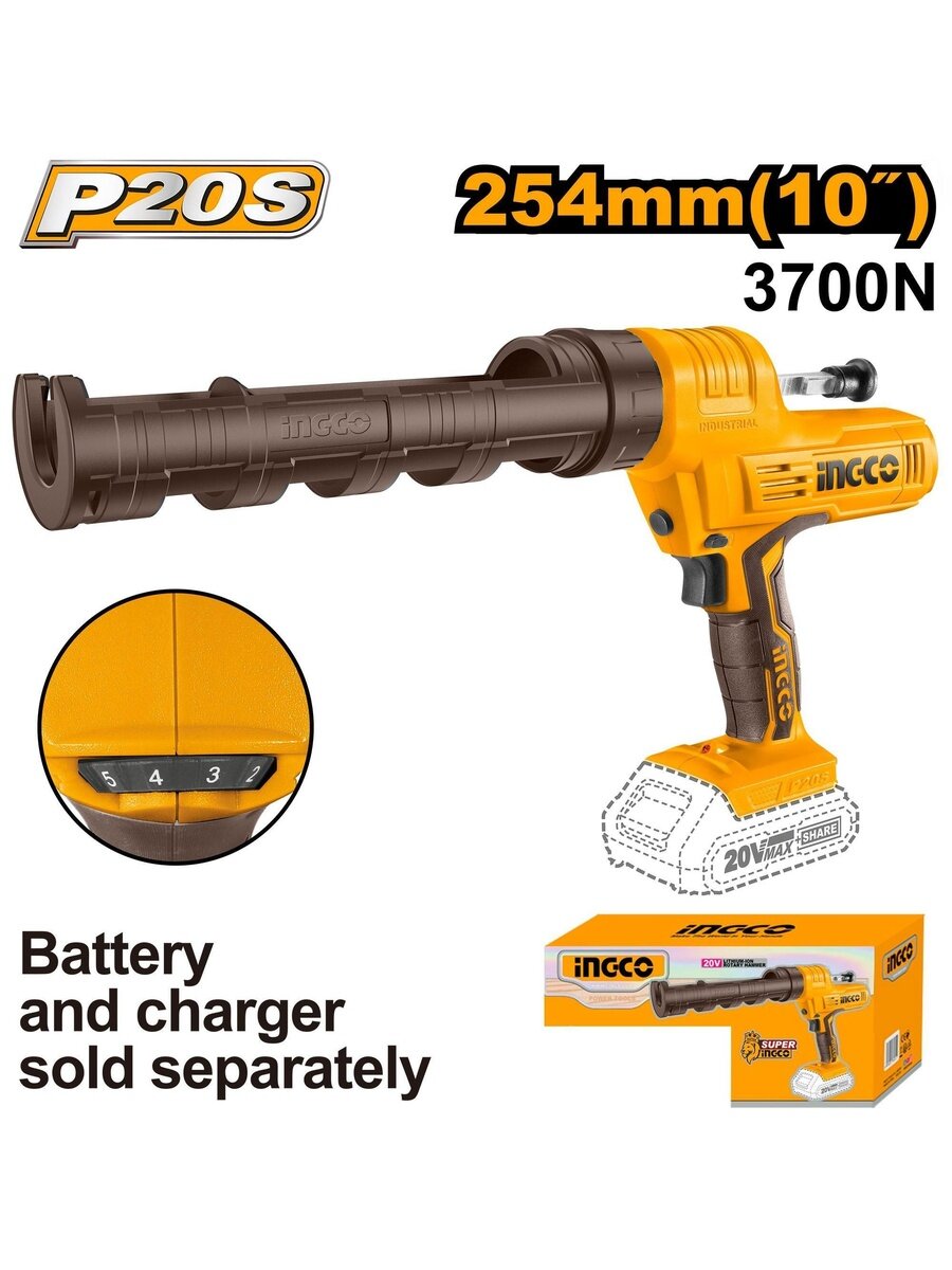 Аккумуляторный пистолет для герметика 20В без АКБ и ЗУ INGCO CCGLI2001 INDUSTRIAL