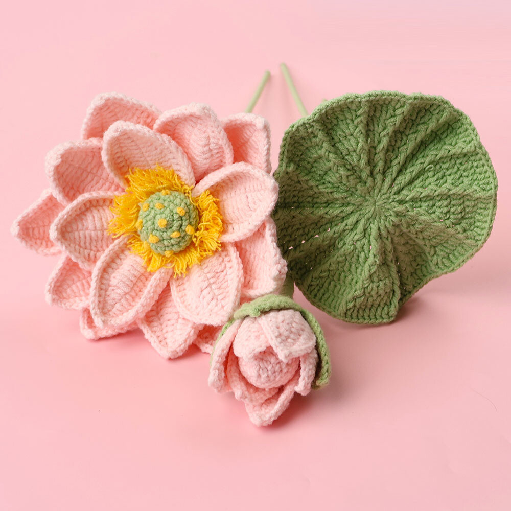 Ручная работа, вязаный искусственный бутон лотоса, букет из листьев лотоса, готовая пряжа, вязаный подарок на праздник, ваза, цветочная композиция, украшение