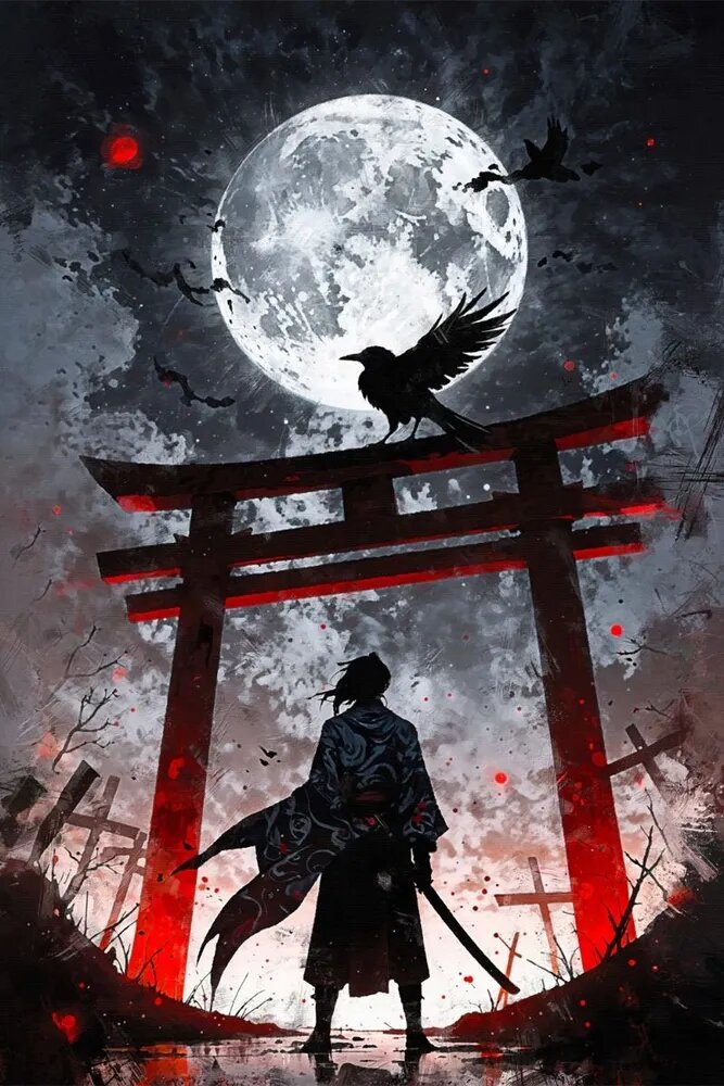 Алмазная Картина "Японский Черный Самурай Воин Сакуры" 5D Круглый Бриллиант 40x50 См.