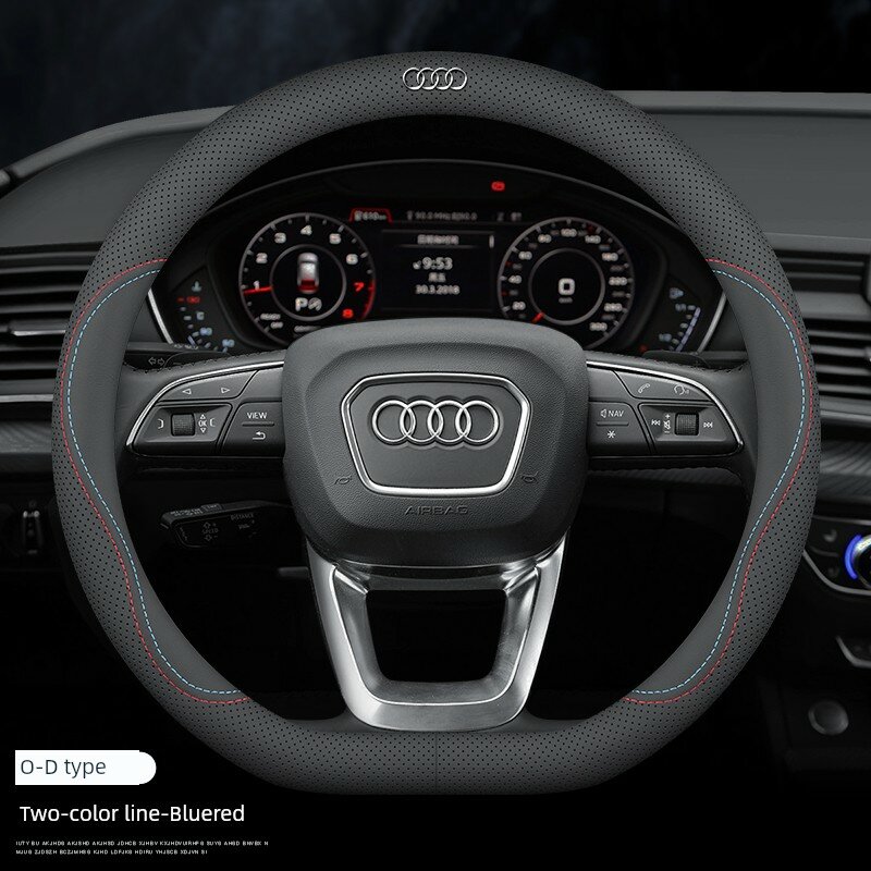 Полностью кожаный чехол для руля Audi с логотипом, красно-синие полосы - совместим с моделями Q5L A4L A3 A6L Q3 Q2L A5