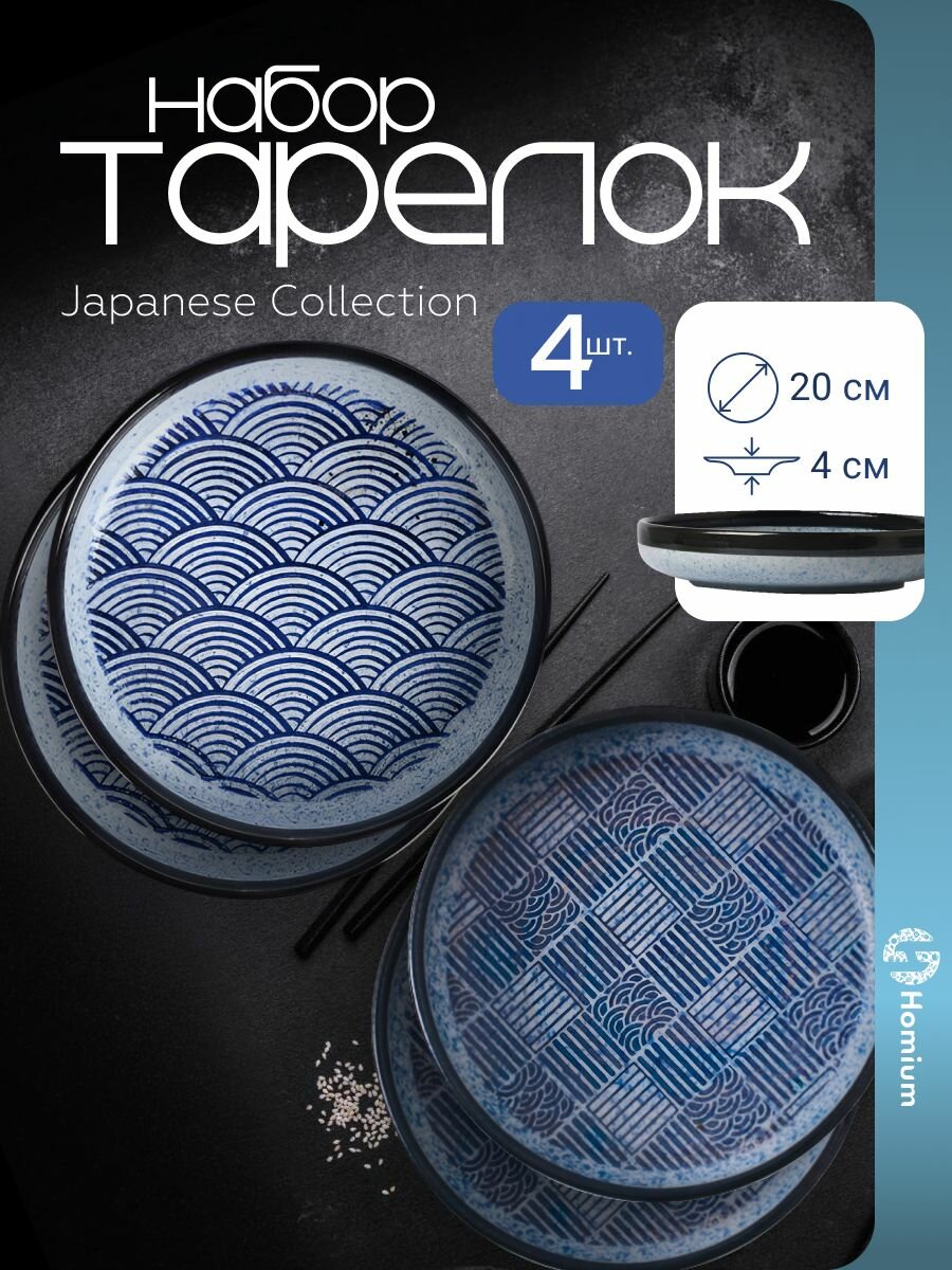 Набор плоских обеденных тарелок для сервировки, набор посуды для кухни Homium Japanese Collection, Top, D20, 4 шт, цвет синий