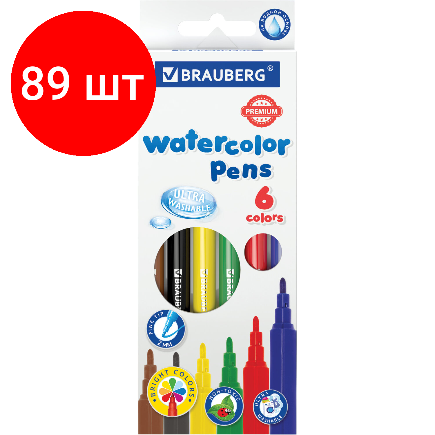 Комплект 89 шт, Фломастеры BRAUBERG "PREMIUM", 6 цветов, ультрасмываемые, классические, вентилируемый колпачок, картонная коробка с европодвесом, 151937