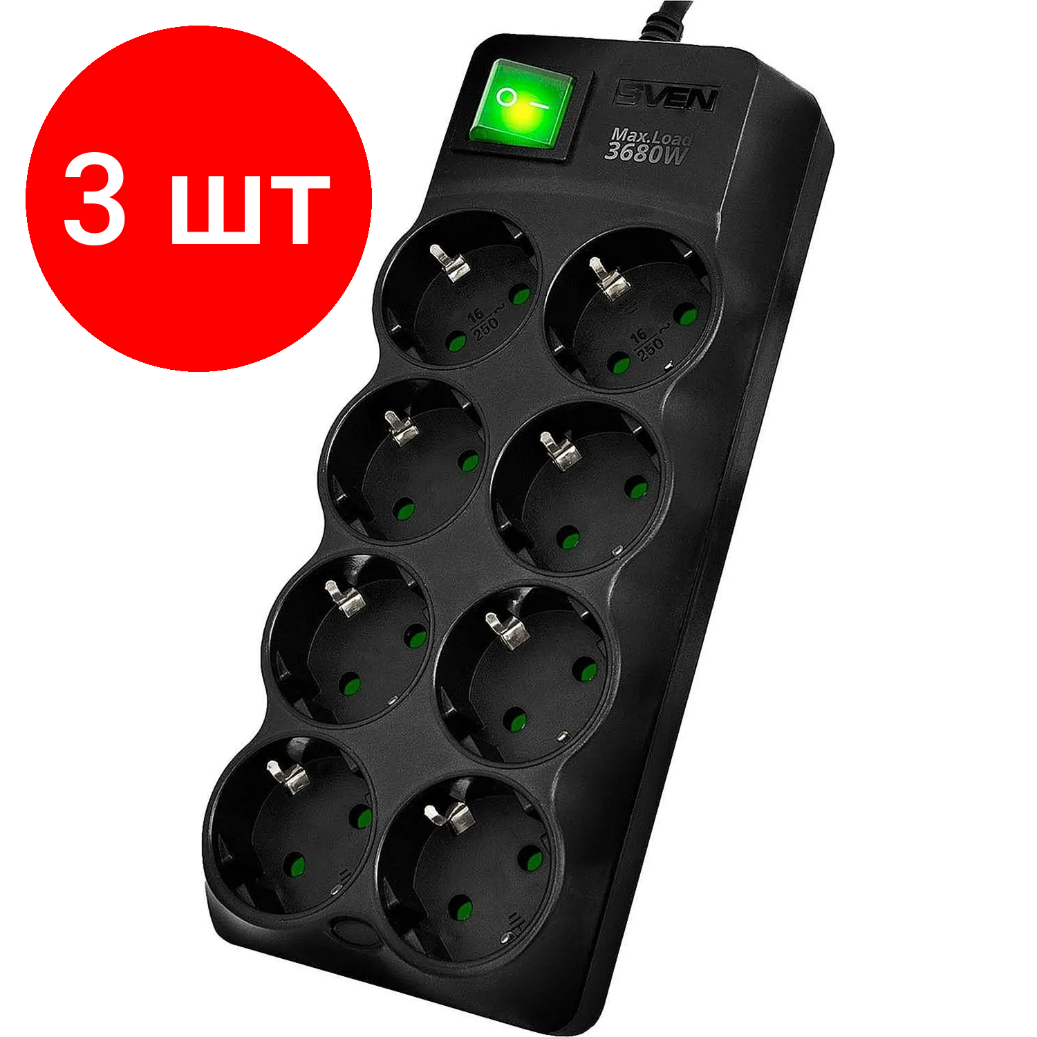 Комплект 3 штук, Сетевой фильтр SVEN SF-08E-16 1.8 м 8 розеток, 16А черный