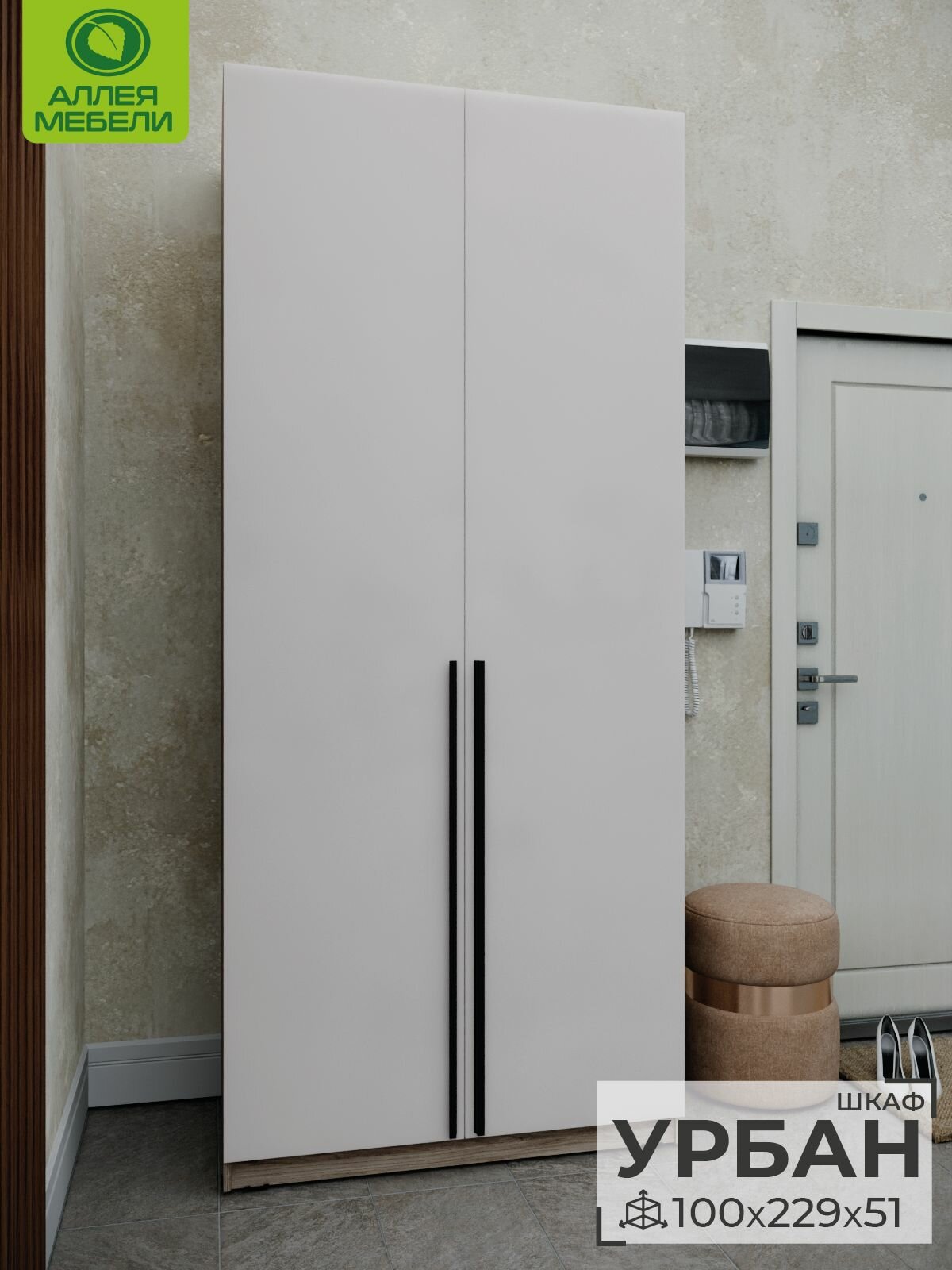 Шкаф распашной, для одежды, двухдверный, урбан ШК-03, с ящиками и полками для хранения вещей, со штангой, 100х229.3х51 см, Дуб смоки, Кашемир