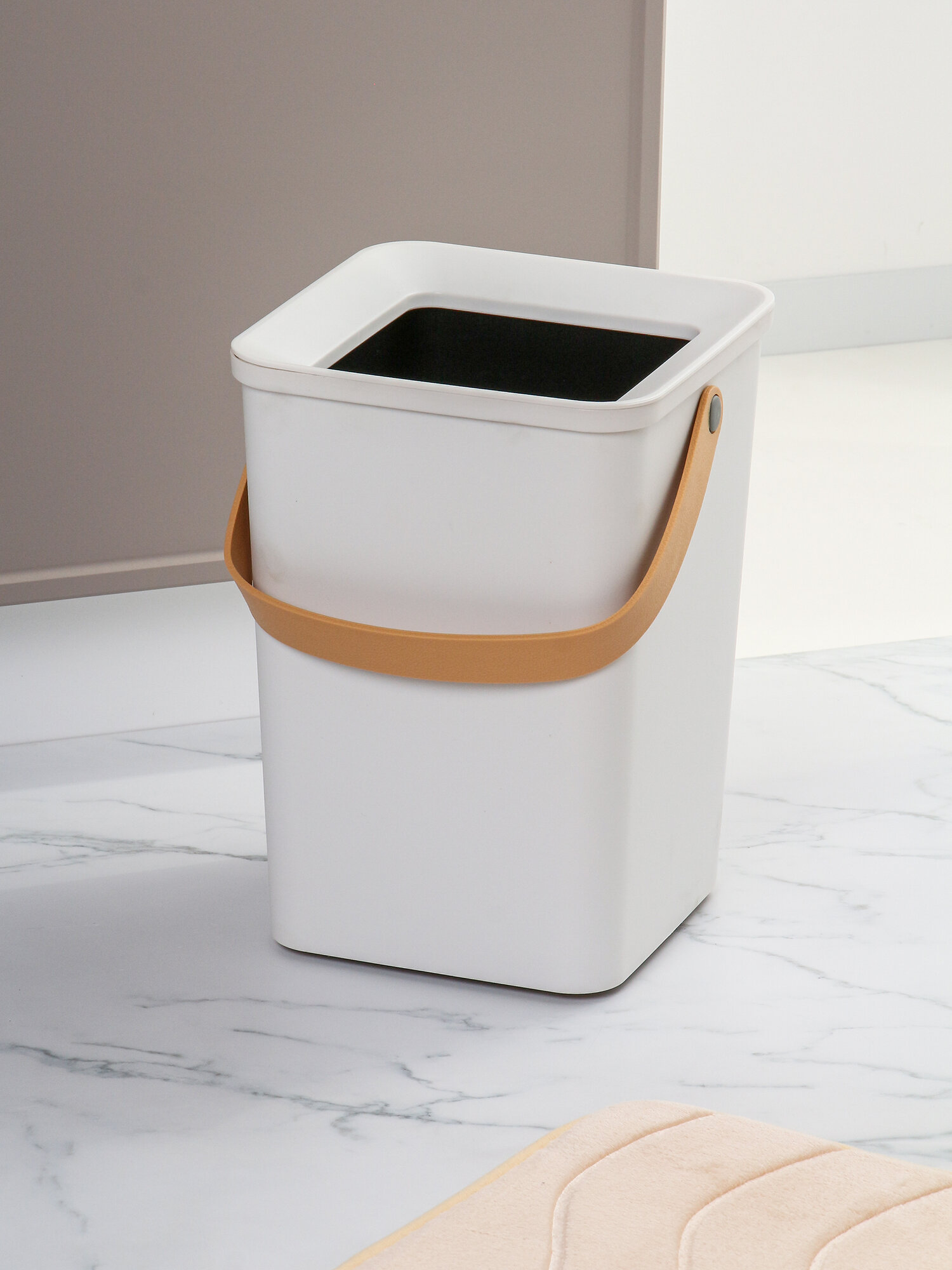 Контейнер для мусора пластиковый прямоугольный белый с ручкой Y4-9284, 32.5х22х22 см, ведро для офиса и дома без крышки