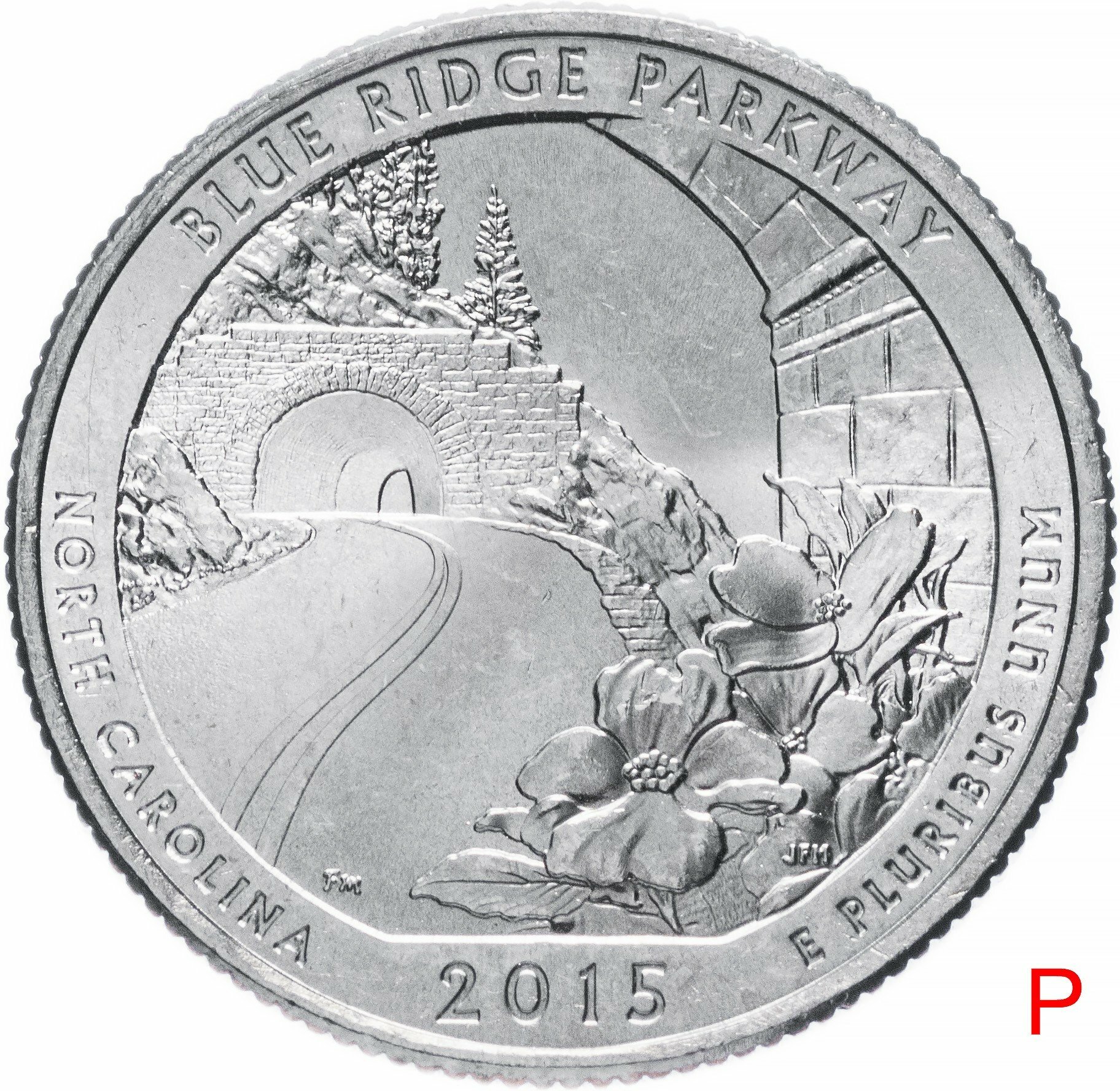 США 1/4 доллара 25 центов, квотер 2015 P — "Автодорога Блю-Ридж" 28-й парк, Мельхиор медь-никель, в сохранности UNC