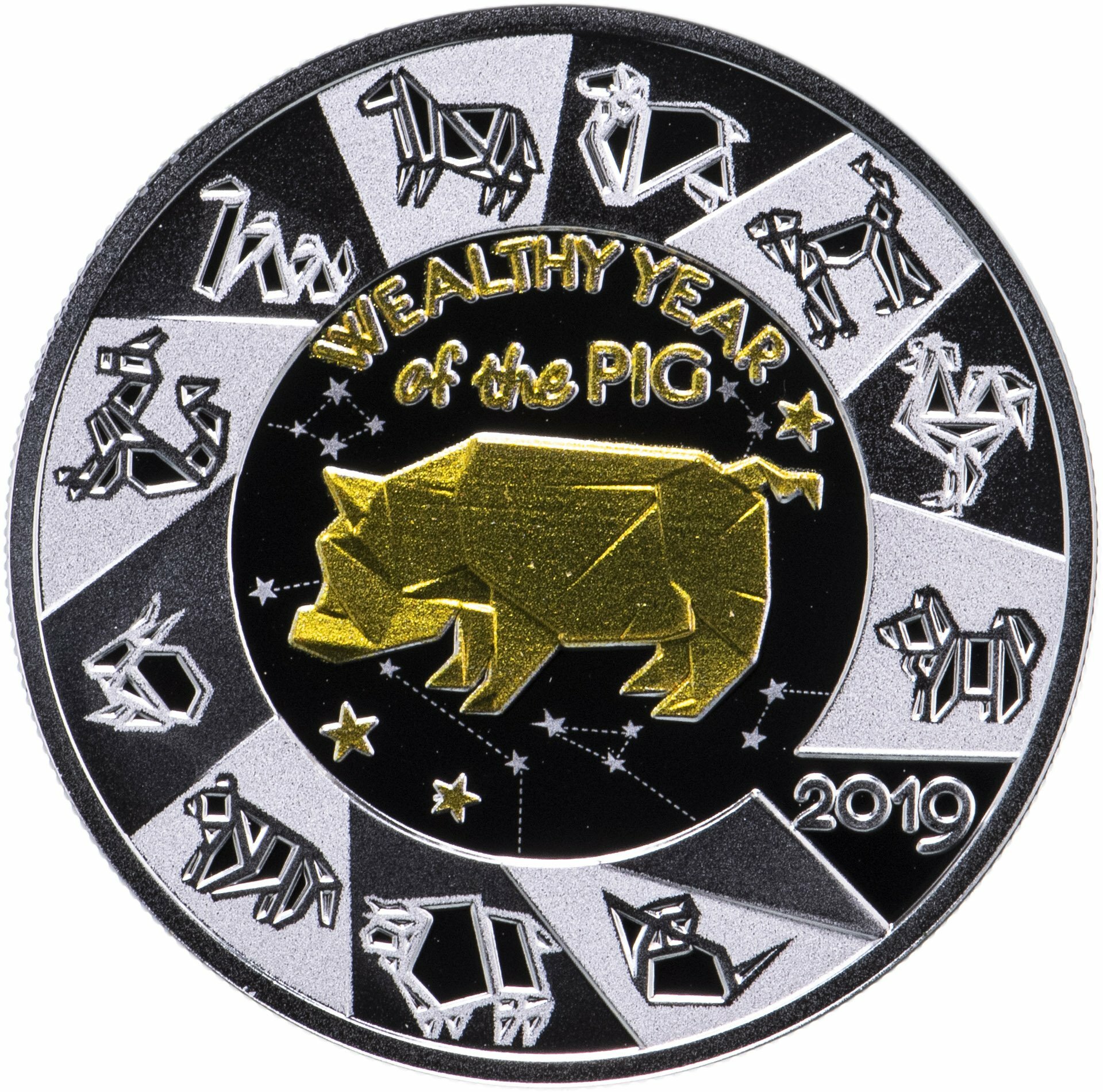 Ниуэ 1 доллар 2019 Proof "Богатый год свиньи - лунный календарь" в буклете с сертификатом, Серебро 925