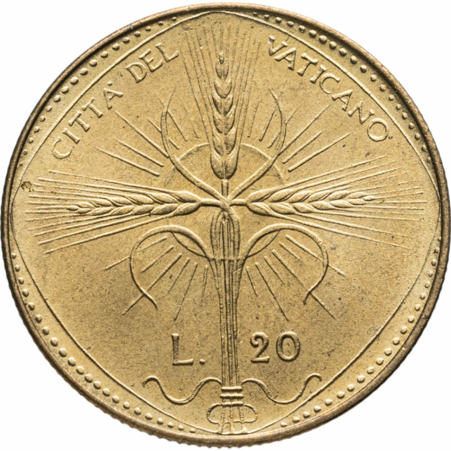 Ватикан 20 лир lire 1968, Алюминиевая бронза, в сохранности UNC