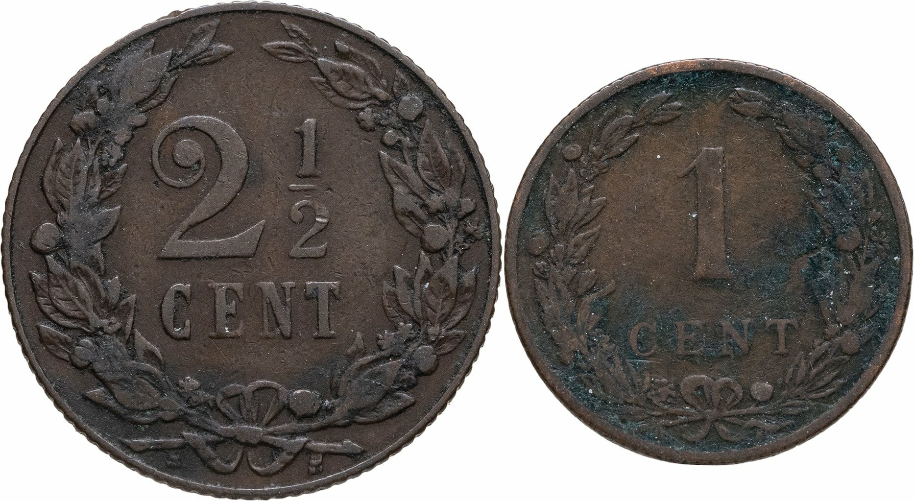 Нидерланды набор 1 и 2,5 цента 1905 2 штуки, Бронза, в сохранности VF-XF