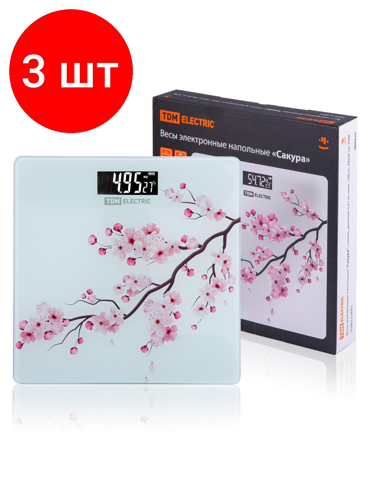 Комплект 3 шт, весы напольные 180КГ электр 28Х28СМ LED диспл стекло 28Х28СМ сакура TDM