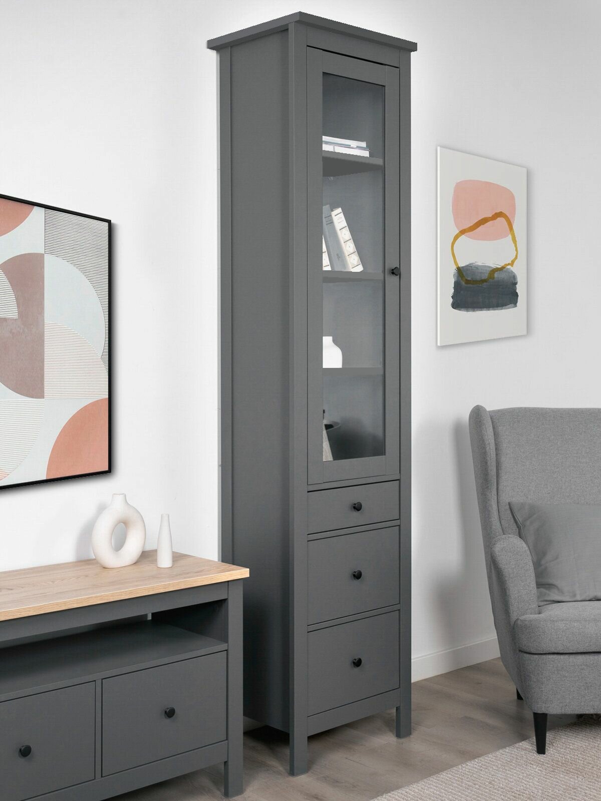 Шкаф с витриной Сага, 50х41х215 см, серый, ГУД лакк