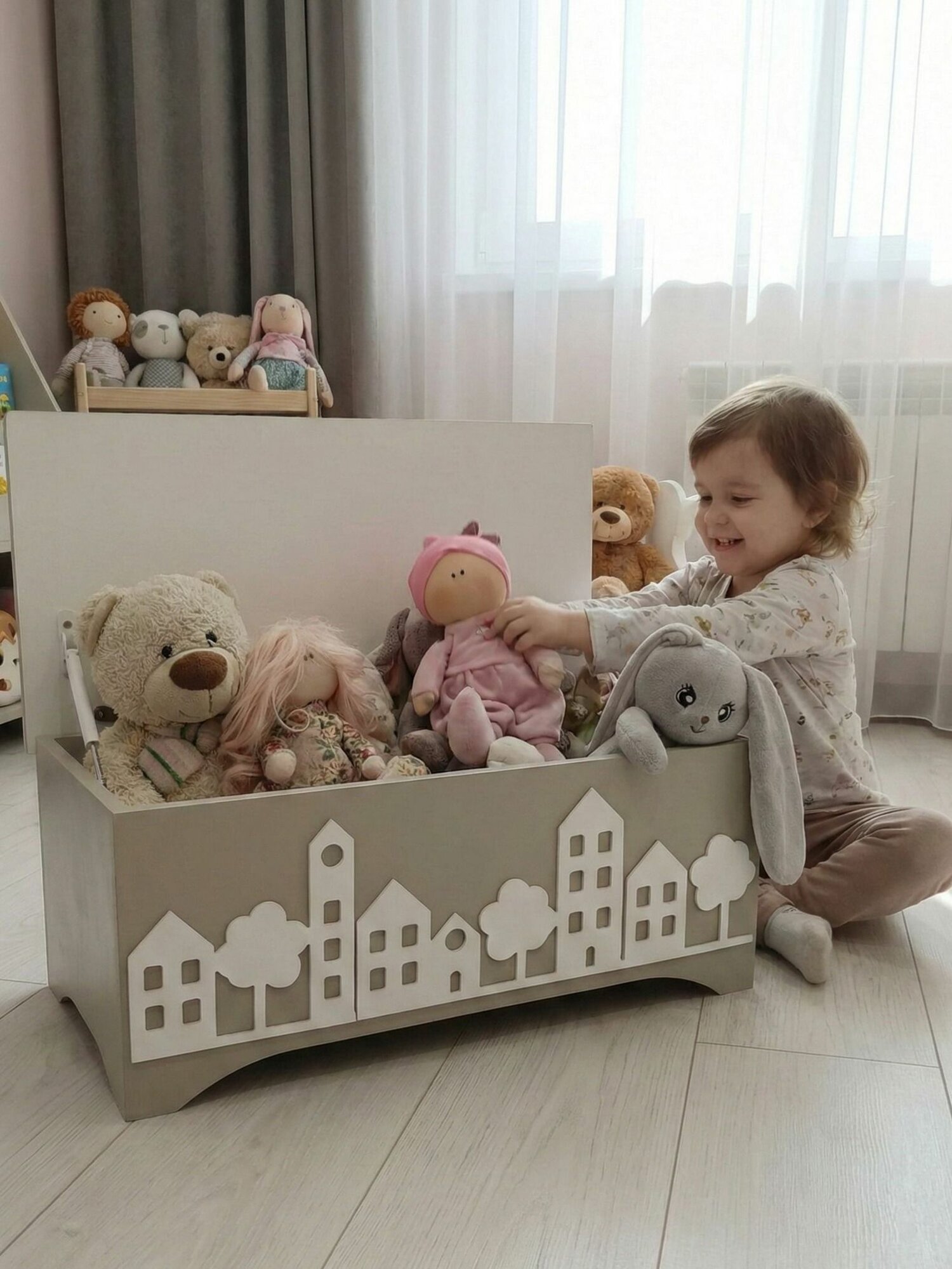 Сундук-тумба для игрушек деревянный 67х31х28, оливковый. Ящик для хранения вещей напольный с крышк