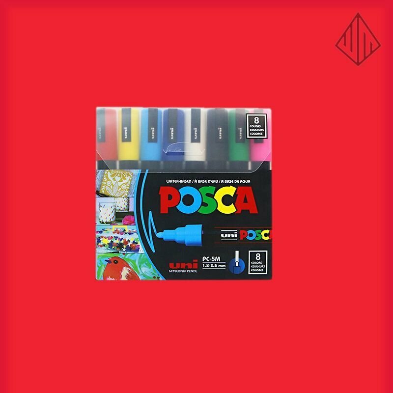Маркеры POSCA PC-5M, 8 цветов, линия 2 мм, круглый наконечник, классические цвета