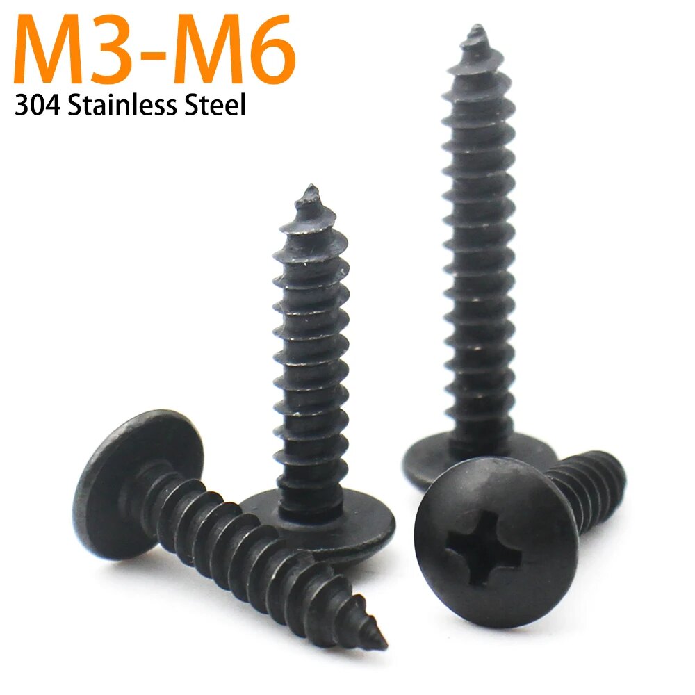 20-50 шт. M3 M3.5 M4 M5 M6 Черный 304 Нержавеющая сталь с крестообразным шлицем и большой цилиндрической головкой Саморезы для зонта с круглой головкой по дереву