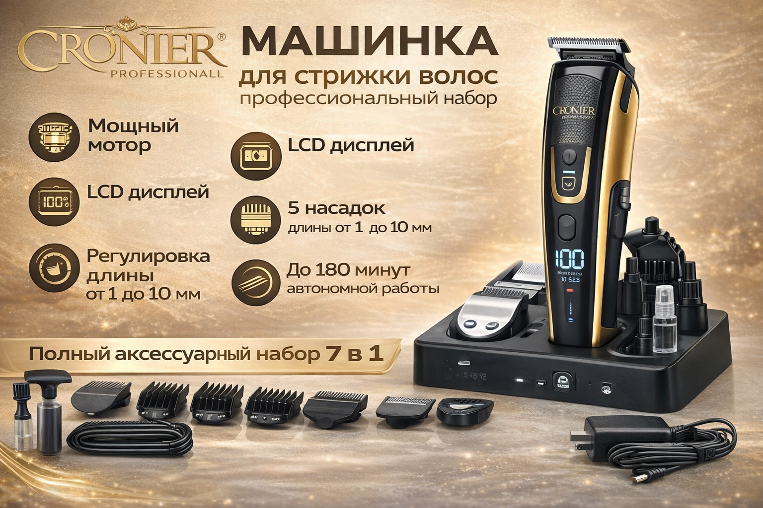 Профессиональная машинка для стрижки волос Cronier с LCD дисплеем и насадками