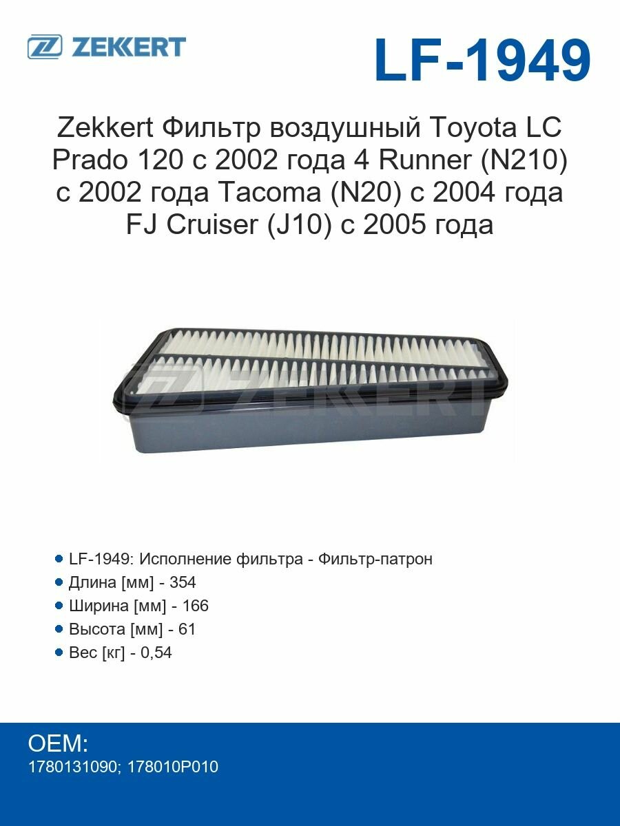 Zekkert Фильтр воздушный Toyota LC Prado 120 с 2002 года 4 Runner (N210) с 2002 года Tacoma (N20) с 2004 года FJ Cruiser (J10) с 2005 года