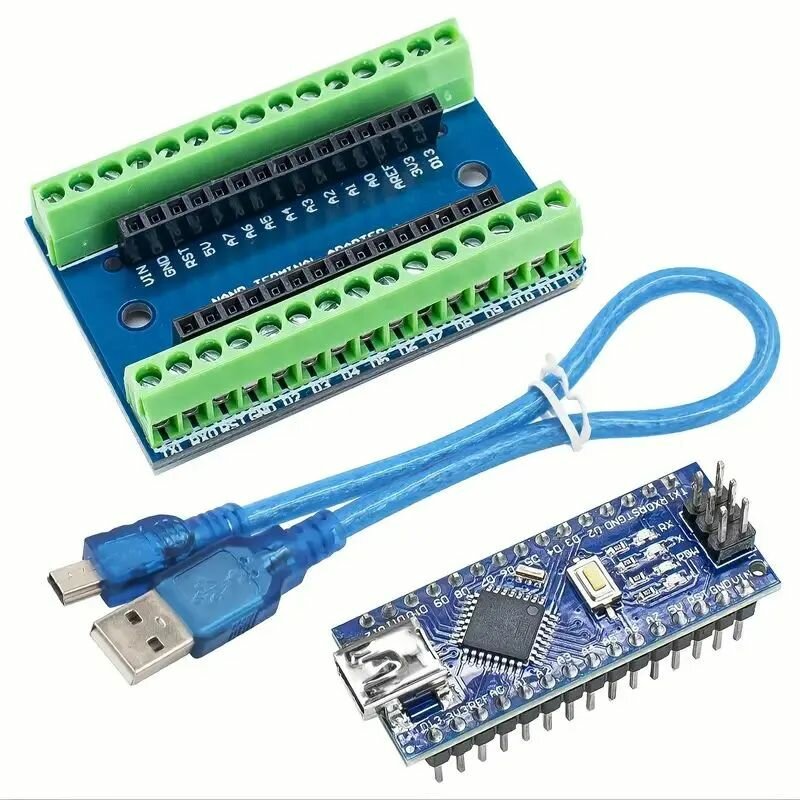 Модуль микроконтроллера на ATmega328P с USB-кабелем и платой расширения Nano V3.0