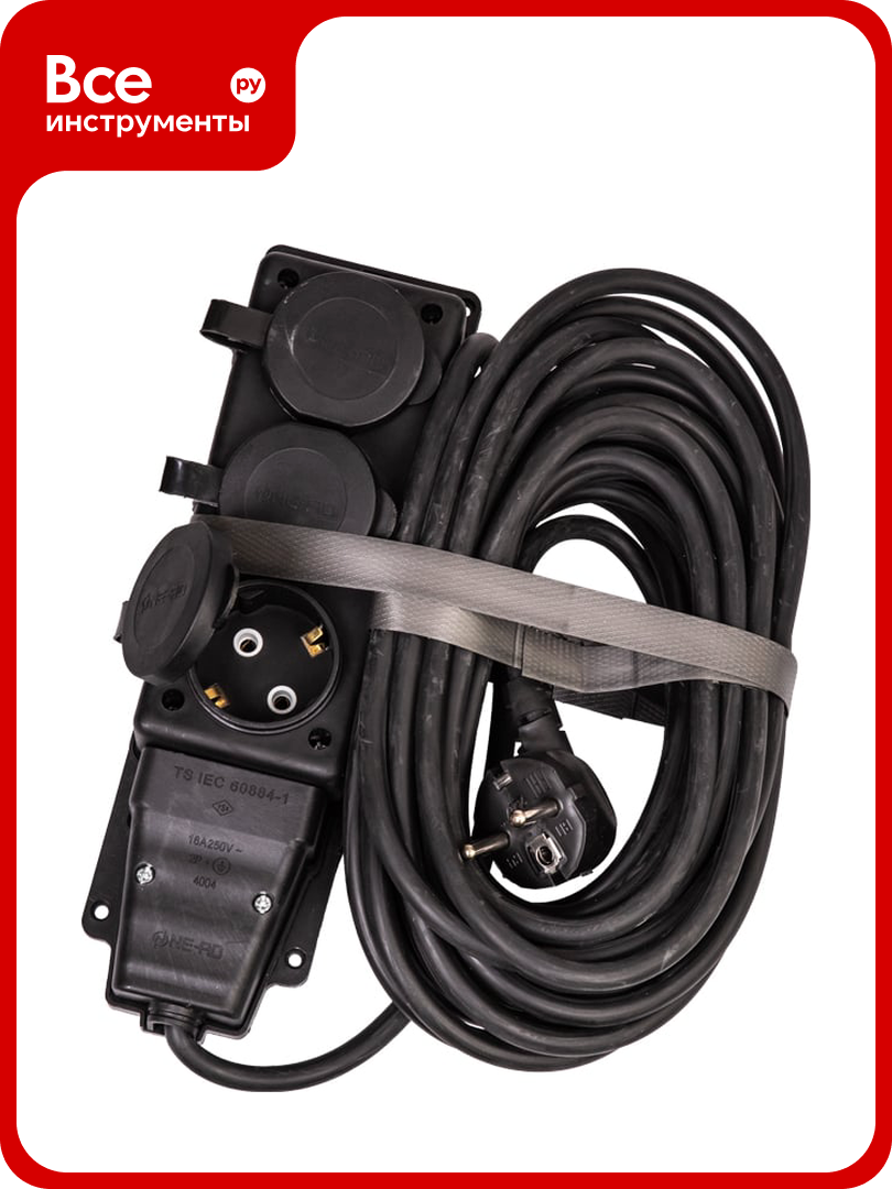 Удлинитель-колодка космос 10м 3 гнезда КГ 3*2.5 мм 16A 250В 4000Вт каучук IP44, YKsm10m-3g(16A)KG-B