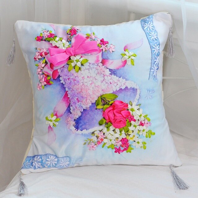 Вышитая ленточная наволочка для подушки в гостиную и спальню, цветочная 3D ручная работа, DIY вышивка крестом