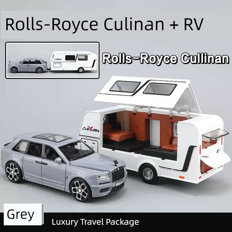 Подлинная модель Rolls-Royce Cullinan из сплава с съемным прицепом-караваном, идеальная для детей, серого цвета