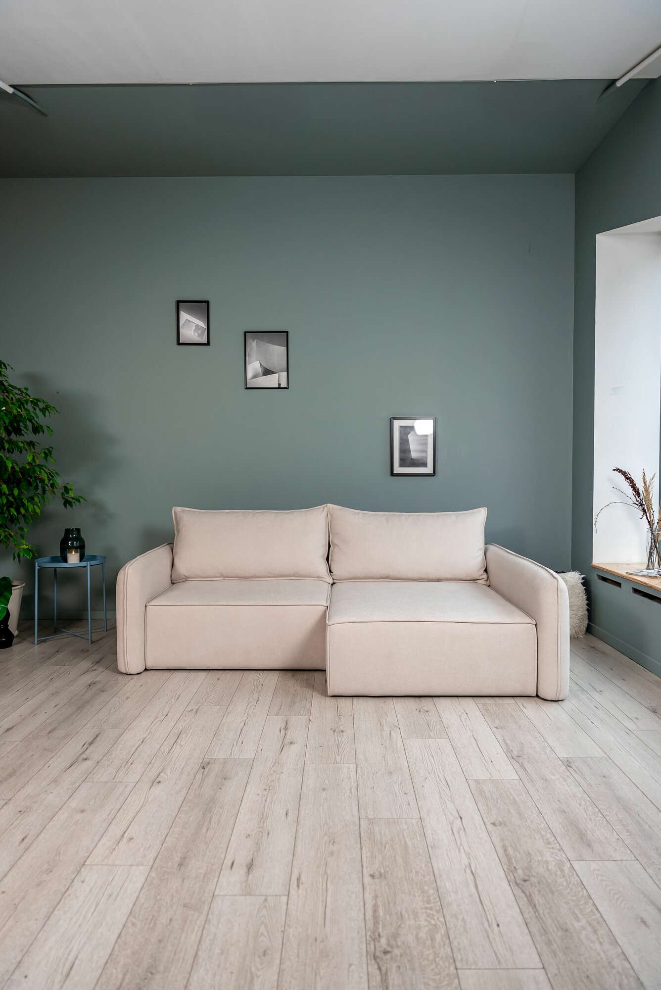 Диван кровать раскладной угловой большой Портленд D1 в гостиную, еврокнижка, двуспальный, светло-бежевый, букле, 232х152х64