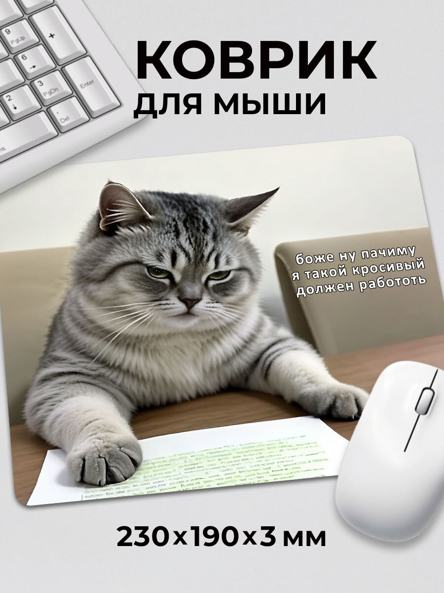 Коврик для мышки Мем Кот Почему я такой красивый с ушками сидит, на нескользящем резиновом основании 230x190x3 мм