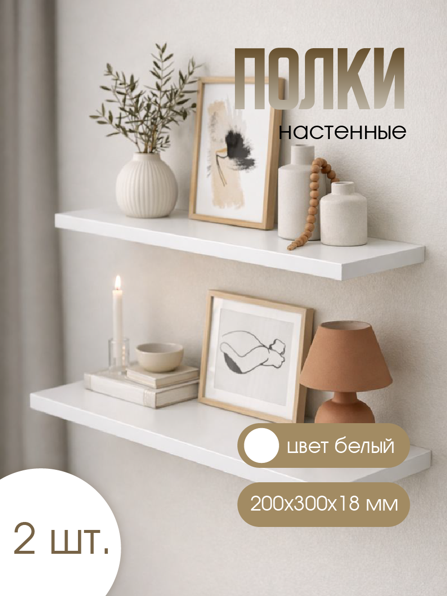 Подвесные полки, 20x30 см, толщина 18мм, скрытое итальянское крепление, белые. 2 шт