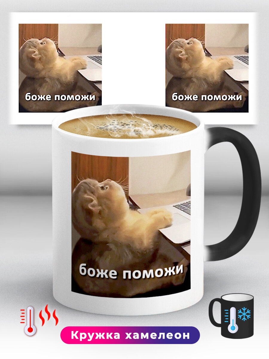 Кружка хамелеон с приколом мем котик Боже помоги Боже поможи