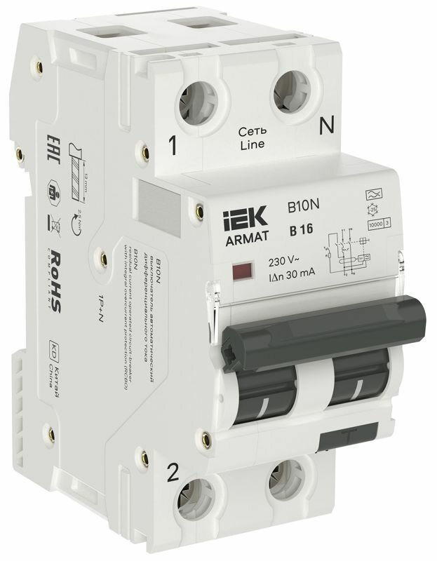 Выключатель автоматический дифференциального тока 2п (1P+NP) B 16 30мА тип A АВДТ B10N 36мм ARMAT IEK AR-B10N-1N-B016A030