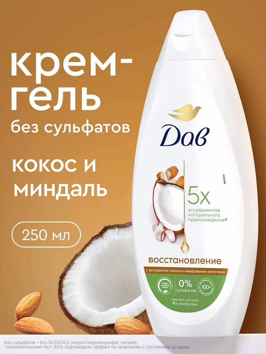 Дав Гель для душа женский Кокос и миндаль восстанавливающий увлажняющий крем гель для душа 250 мл